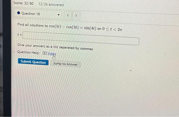 Solved Find all solutions to cos(5t)−cos(3t)=sin(4t) on | Chegg.com