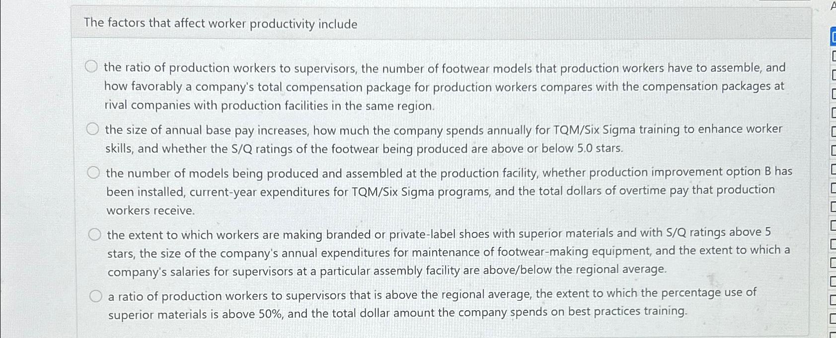 Solved The factors that affect worker productivity | Chegg.com