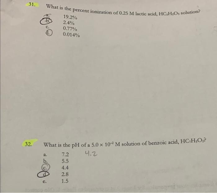 Solved 31. What is the percent ionization of 0.25M lactic | Chegg.com