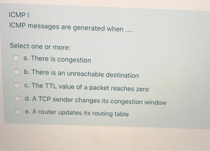 Solved ICMP | ICMP messages are generated when .... Select | Chegg.com