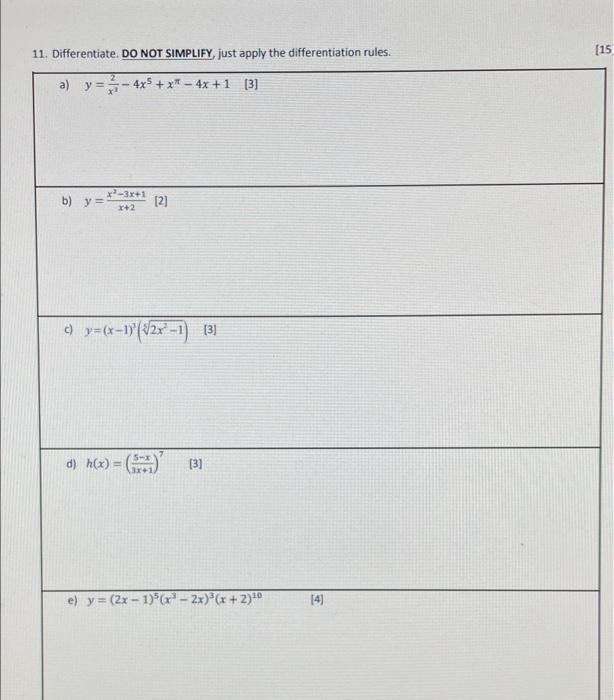 Solved 11. Differentiate. DO NOT SIMPLIFY, just apply the | Chegg.com