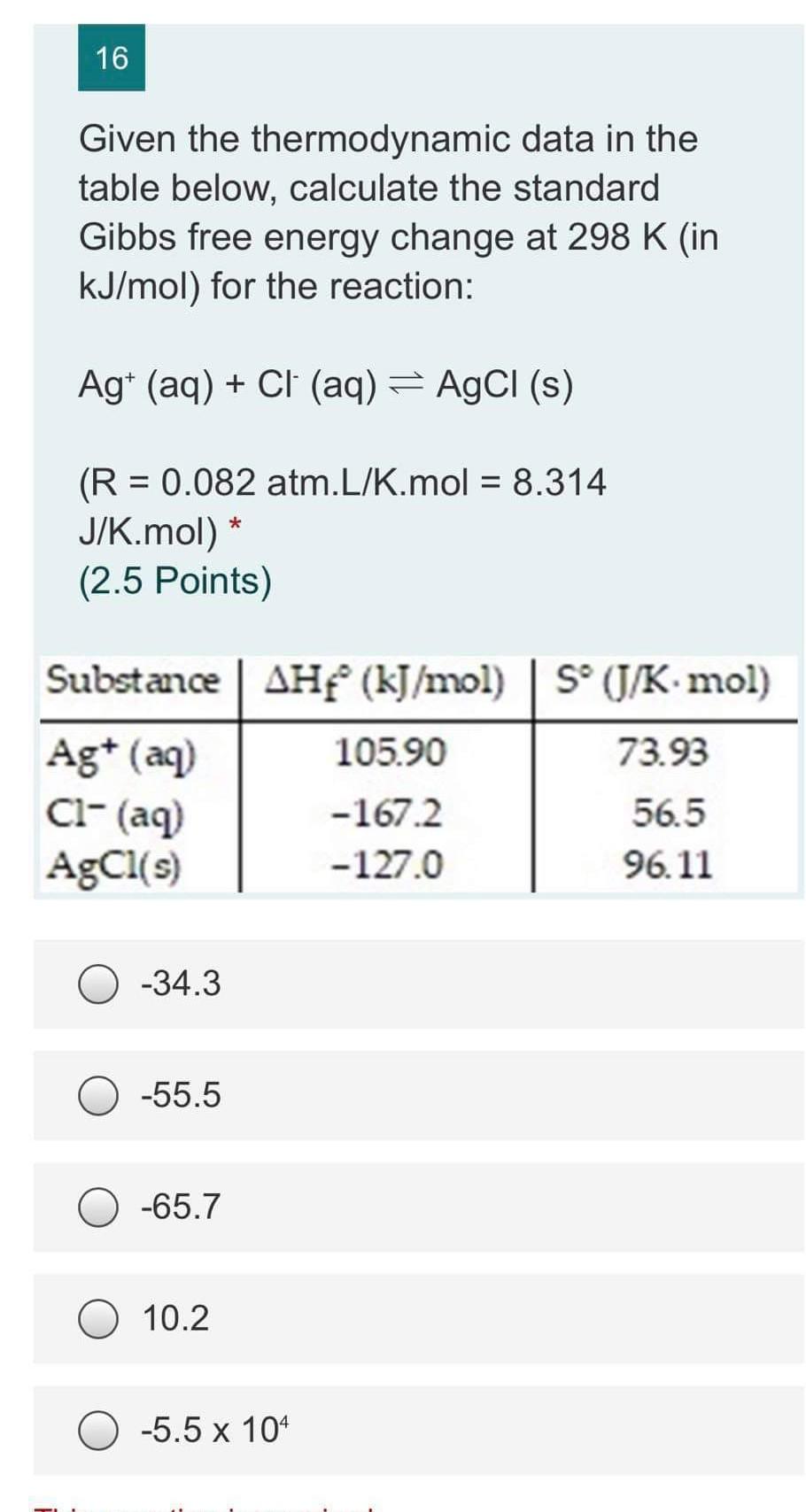 Solved 16 Given the thermodynamic data in the table below, | Chegg.com