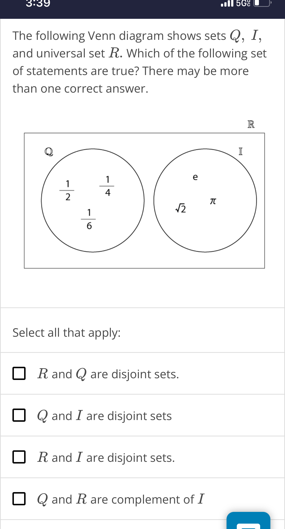 Solved The following Venn diagram shows sets Q,I, and | Chegg.com