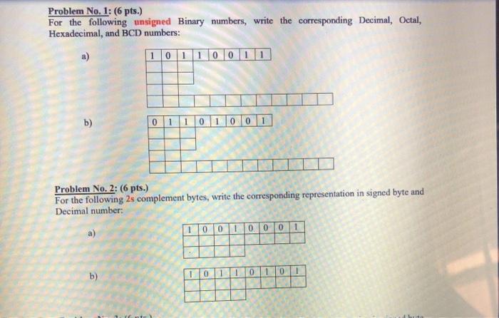 Solved Problem No. 1: (6 pts.) For the following unsigned | Chegg.com