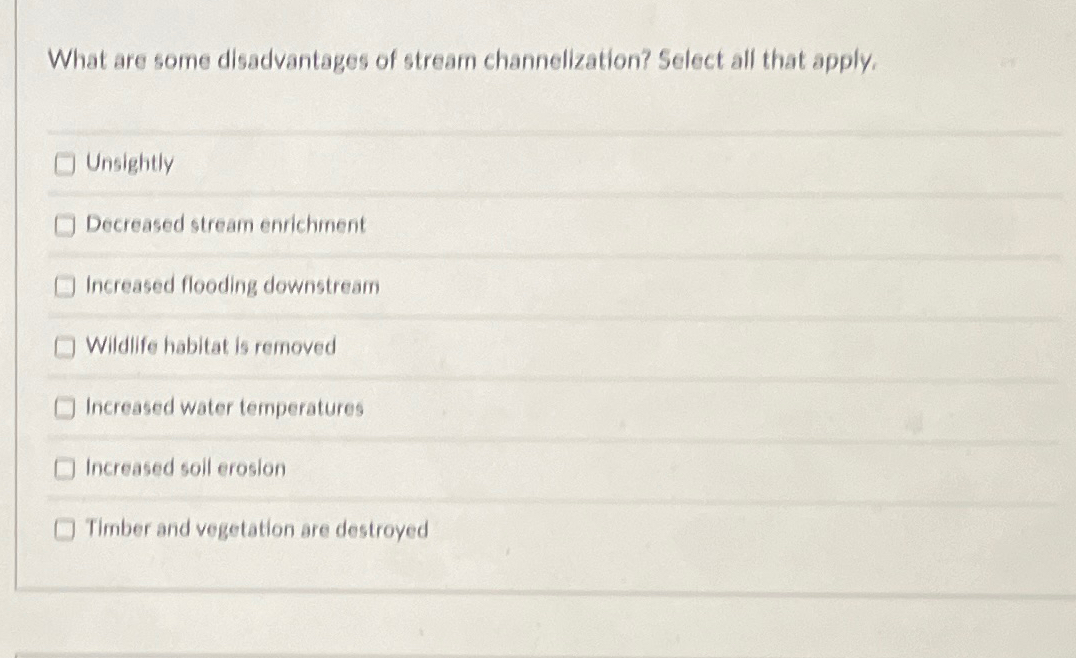Solved What are some disadvantages of stream channelization? | Chegg.com