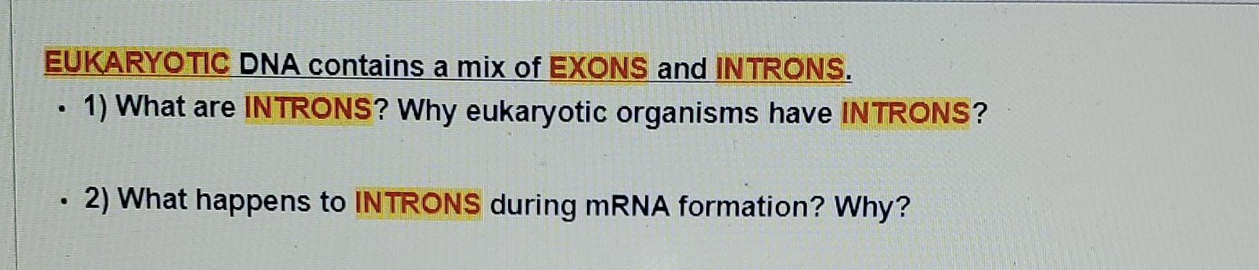 Solved EUKARYOTIC DNA contains a mix of EXONS and INTRONS. - | Chegg.com | Chegg.com