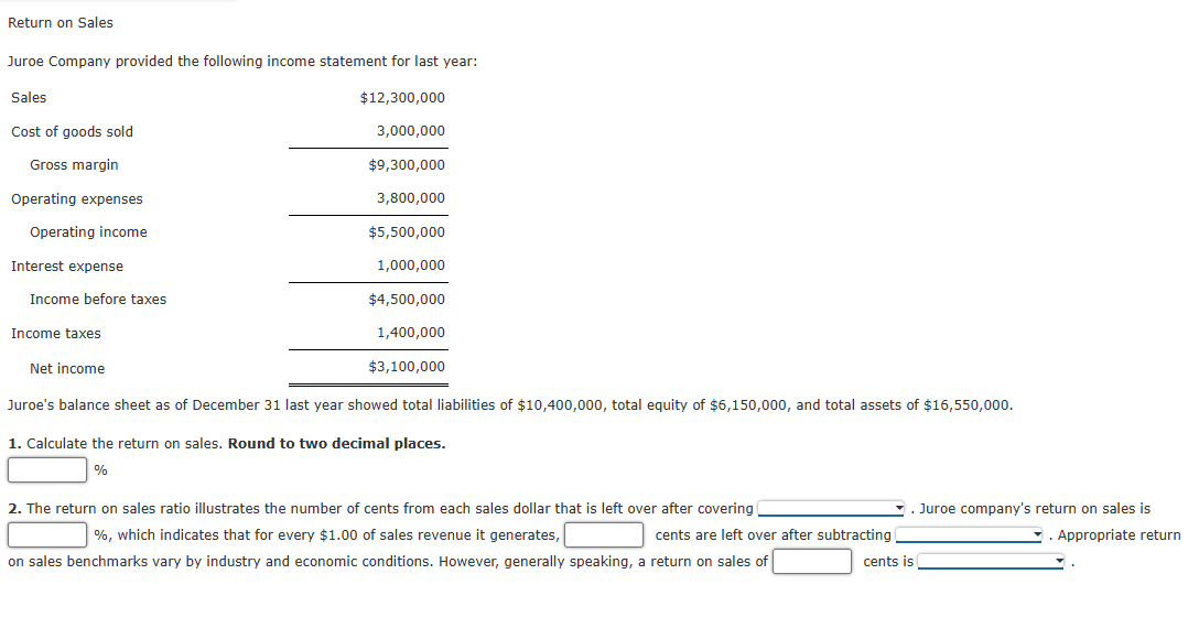 Solved Return on SalesJuroe Company provided the following | Chegg.com