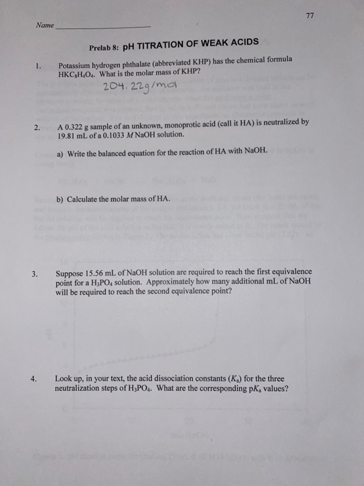 Solved Name Prelab 8: pH TITRATION OF WEAK ACIDS 1. | Chegg.com