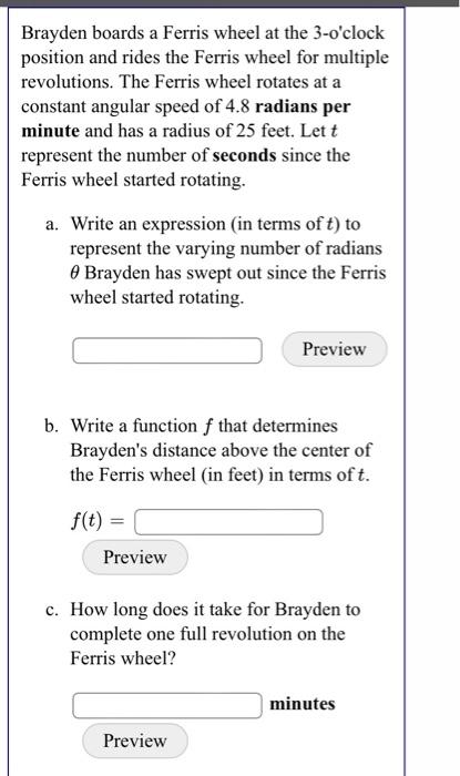 Solved Brayden boards a Ferris wheel at the 3-o'clock | Chegg.com
