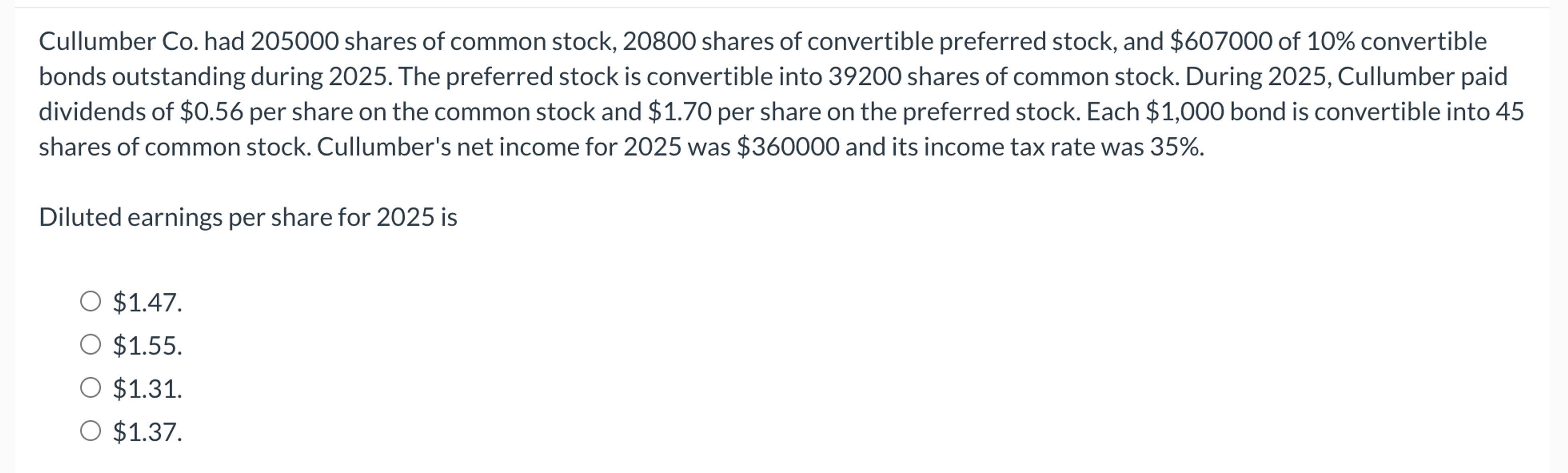 Solved Cullumber Co. ﻿had 205000 ﻿shares of common stock, | Chegg.com