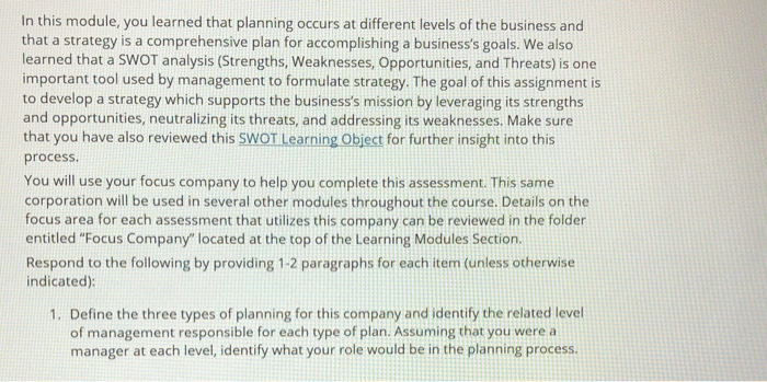 Solved In this module, you learned that planning occurs at | Chegg.com