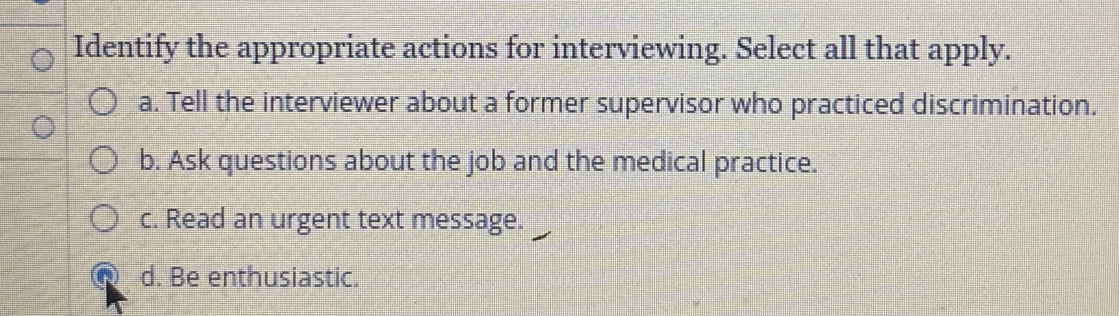 Solved Identify the appropriate actions for interviewing. | Chegg.com
