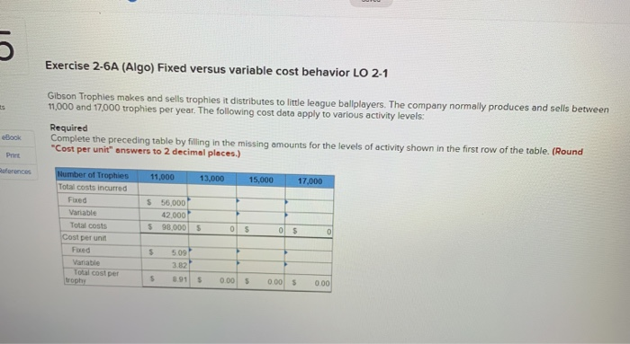Solved Exercise 2-6A (Algo) Fixed versus variable cost | Chegg.com