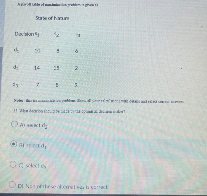 Solved A payoff table of maximization problem is given as | Chegg.com