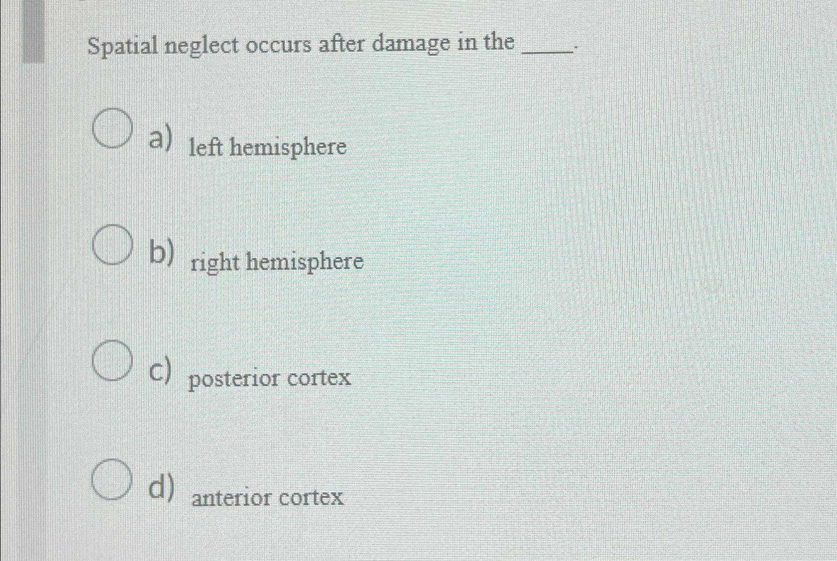 Solved Spatial neglect occurs after damage in thea) ﻿left | Chegg.com
