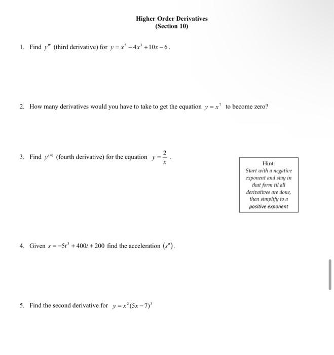 Solved Higher Order Derivatives (Section 10) 1. Find y′′ | Chegg.com