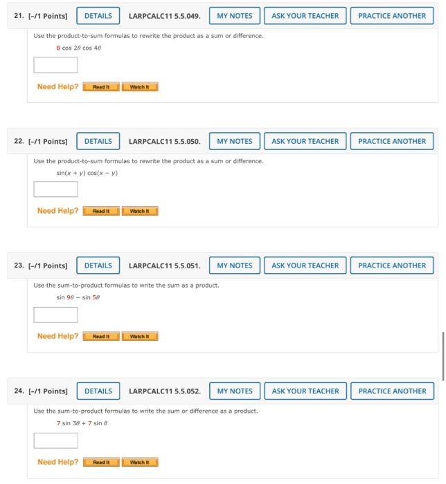 Solved Use The Product To Sum Formulas To Rewrite The