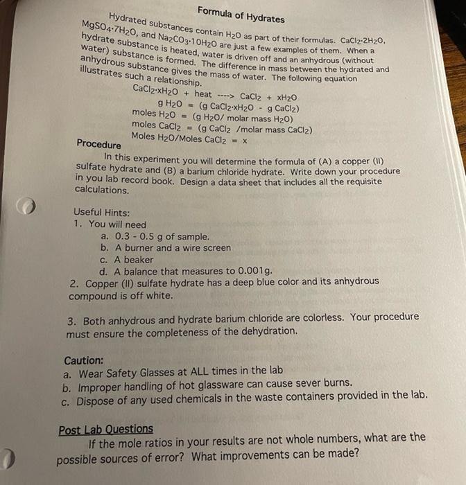 Solved Formula of Hydrates Hydrated substances contain H20 | Chegg.com