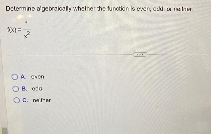 Solved Determine algebraically whether the function is even, | Chegg.com