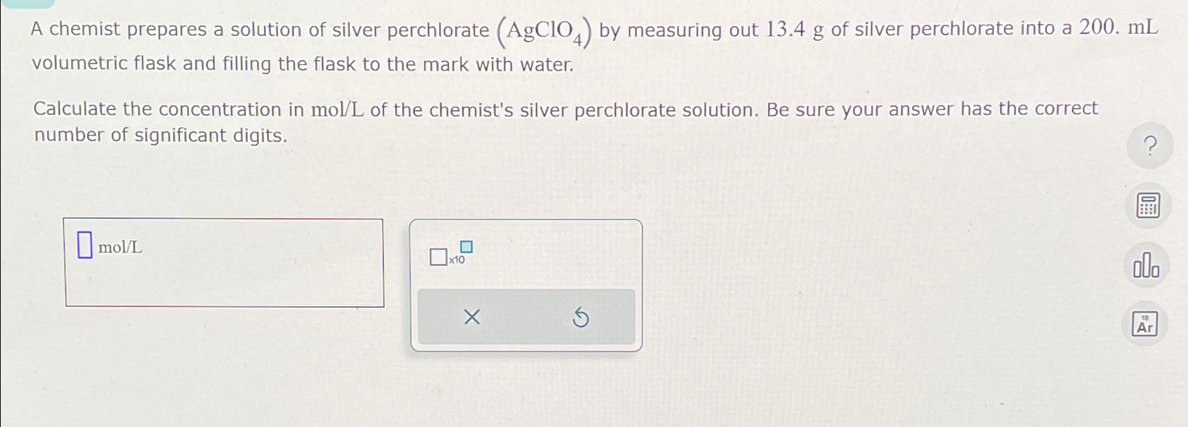 Solved A chemist prepares a solution of silver perchlorate | Chegg.com