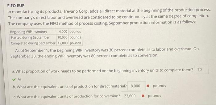 Solved FIFO EUP In manufacturing its products, Trevano Corp. | Chegg.com