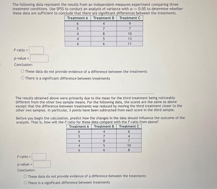 Solved The following data represent the results from an | Chegg.com