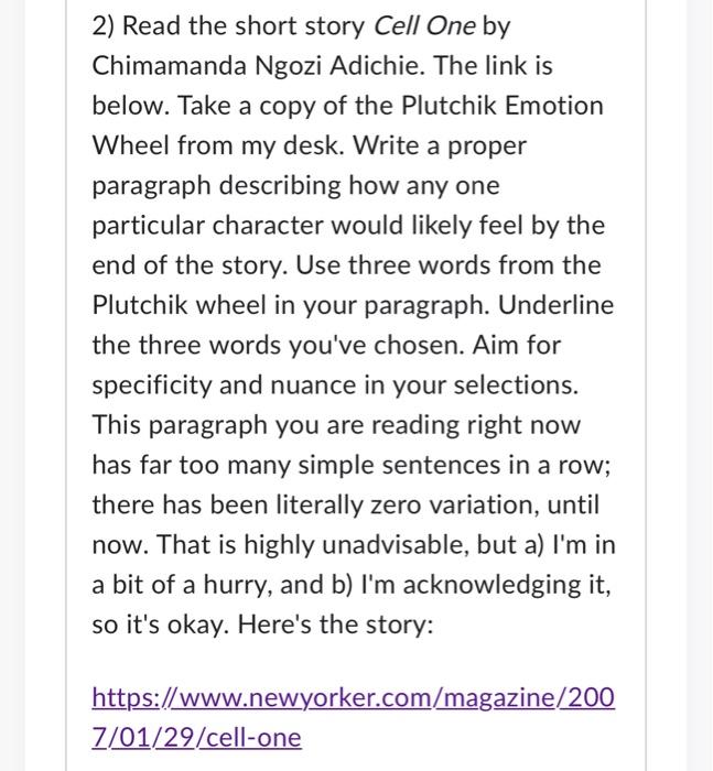 2) Read the short story Cell One by Chimamanda Ngozi | Chegg.com