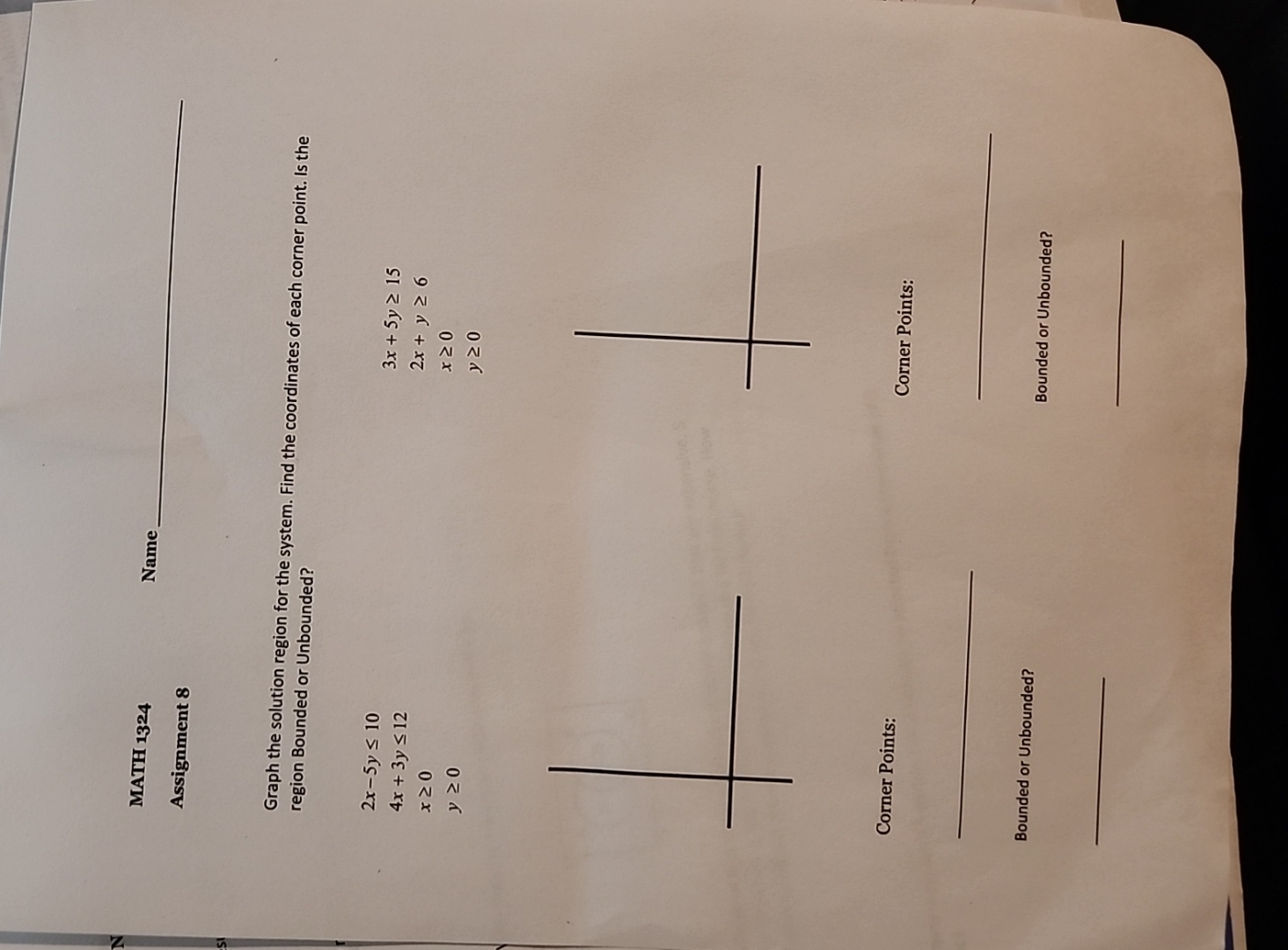 Solved MATH 1324NameAssignment 8Graph the solution region | Chegg.com