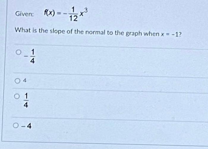 Solved Given: f(x)=−121x3 What is the slope of the normal to | Chegg.com