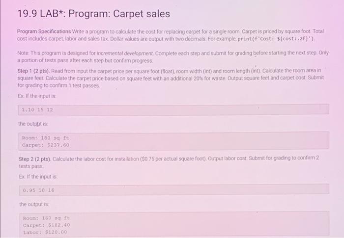 Solved 19.9 LAB*: Program: Carpet sales Program | Chegg.com