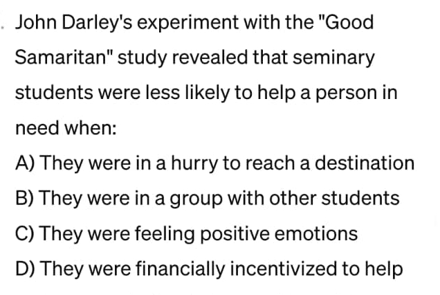 Solved John Darley's experiment with the "Good Samaritan" | Chegg.com