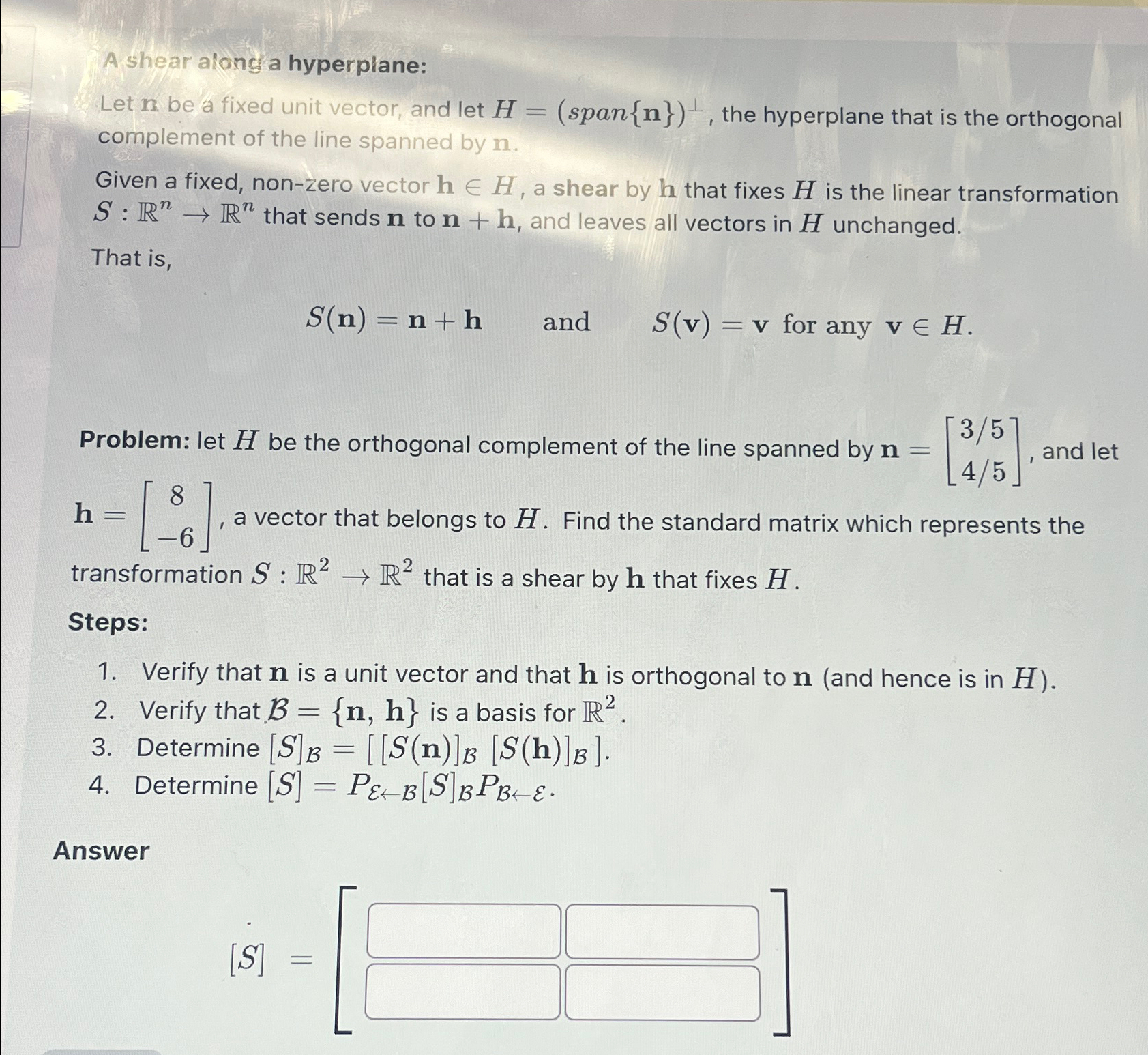 Solved A shear along a hyperplane:Let n ﻿be a fixed unit | Chegg.com