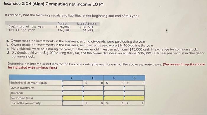 Solved Exercise 2-24 (Algo) Computing net income LO P1 A | Chegg.com