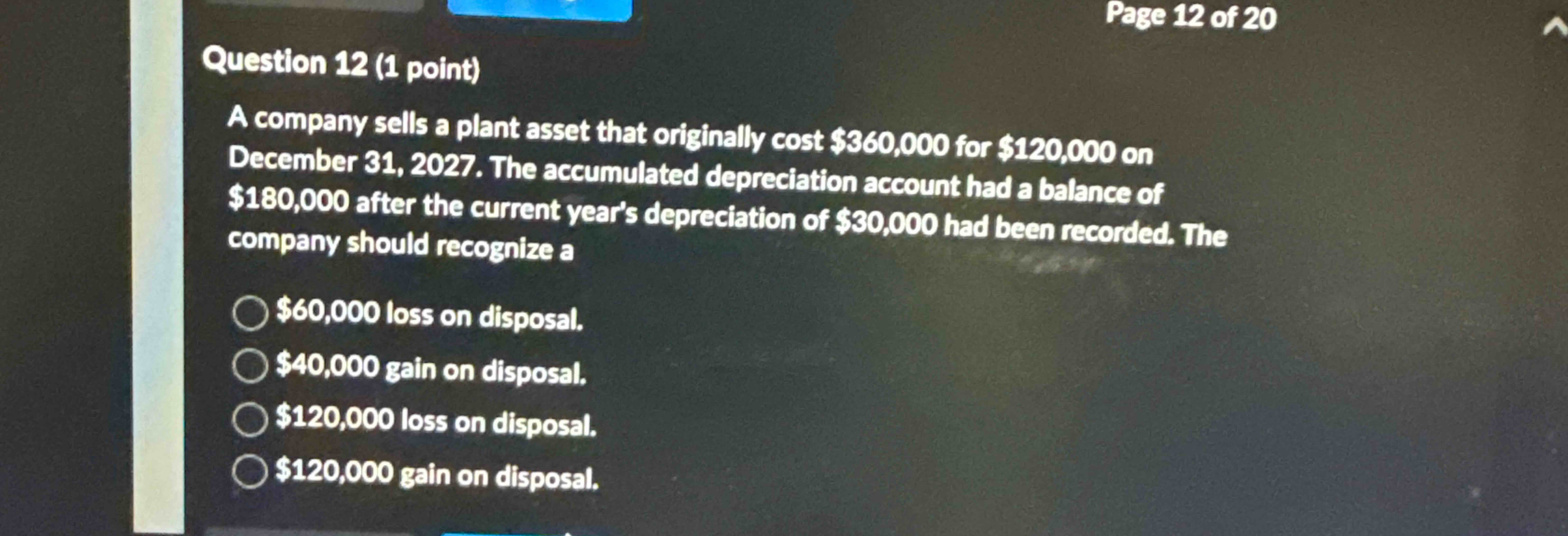 Solved Question 12 (1 ﻿point)A company sells a plant asset | Chegg.com