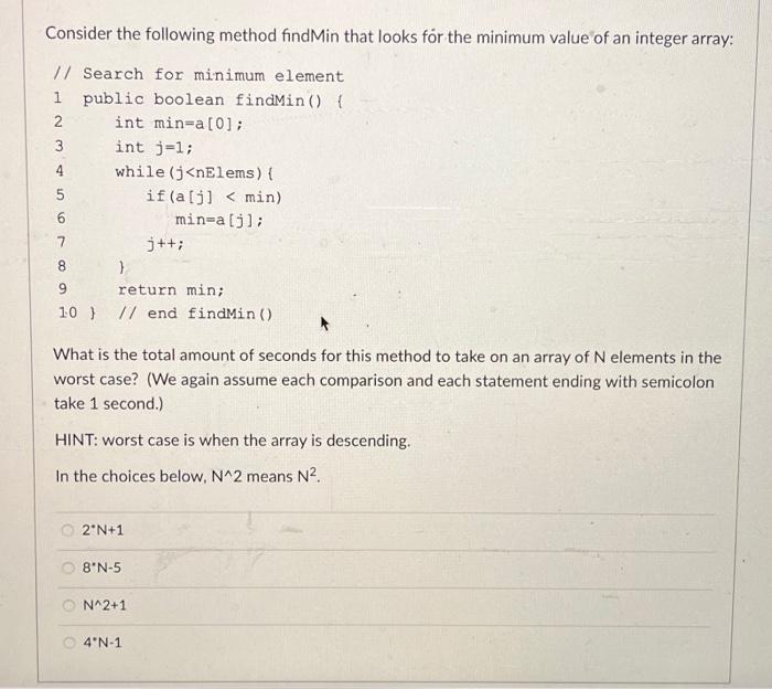 Solved Consider The Following Method Findmin That Looks For 