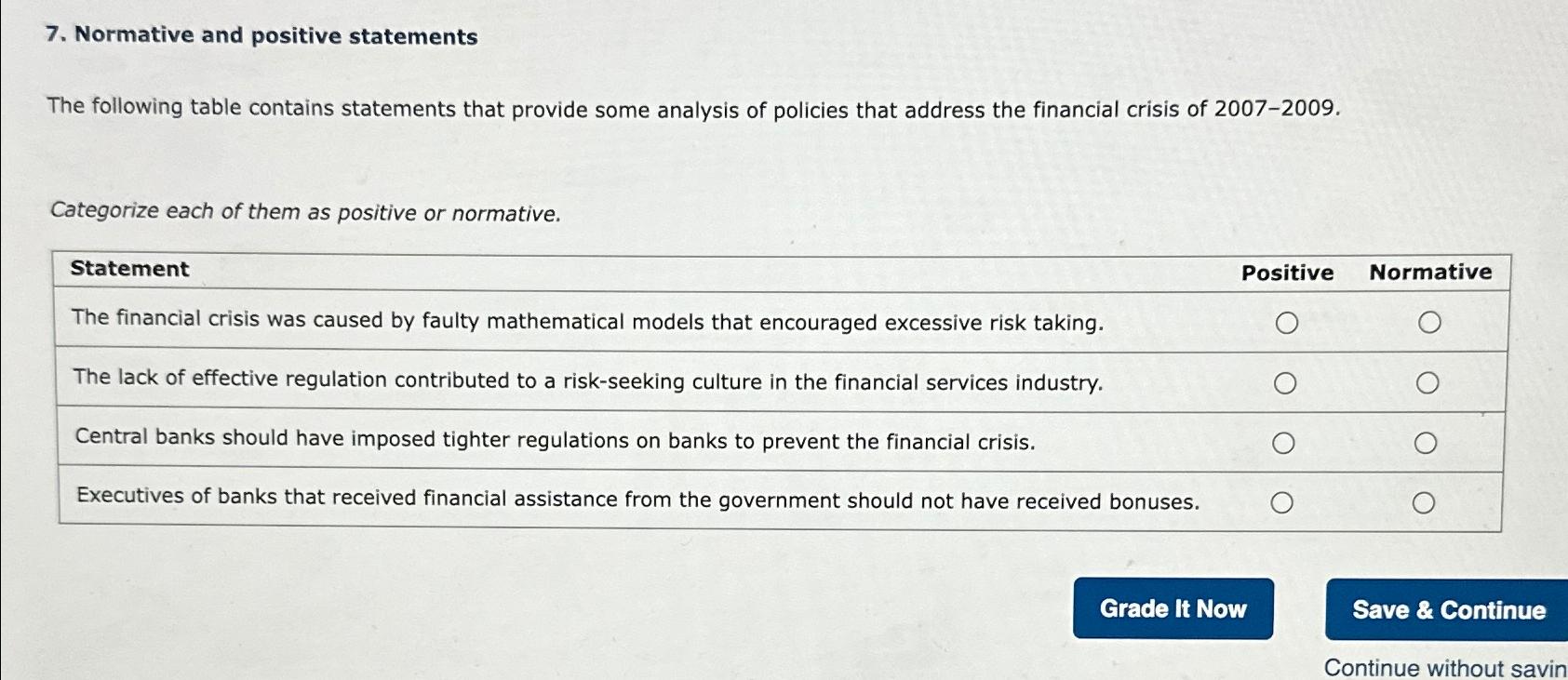 Solved Normative and positive statementsThe following table | Chegg.com