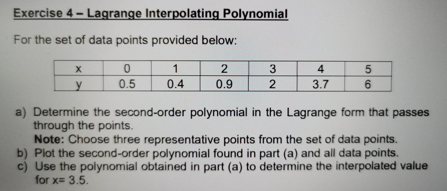 Solved Exercise 4 - Lagrange Interpolating Polynomial For | Chegg.com