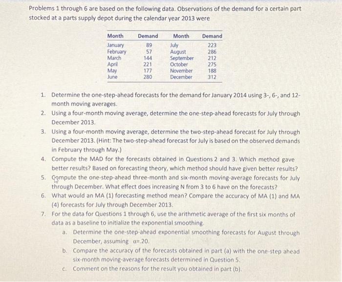 Solved Problems 1 through 6 are based on the following data. | Chegg.com