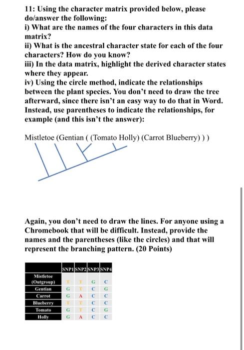 11: Using the character matrix provided below, please | Chegg.com