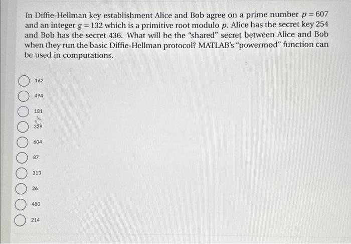 Solved In Diffie-Hellman key establishment Alice and Bob | Chegg.com