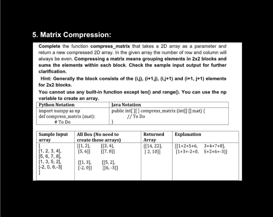 Solved Complete the function compress_matrix that takes a 2D | Chegg.com