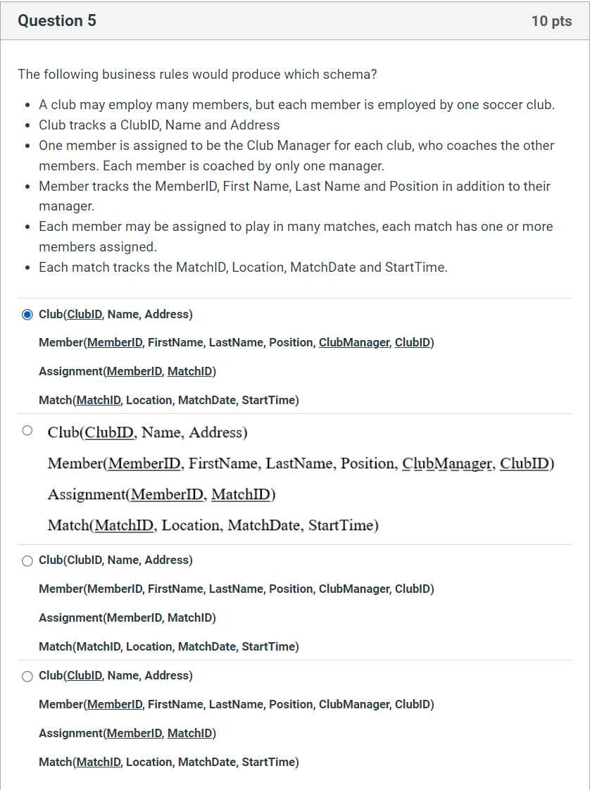 Solved The following business rules would produce which | Chegg.com