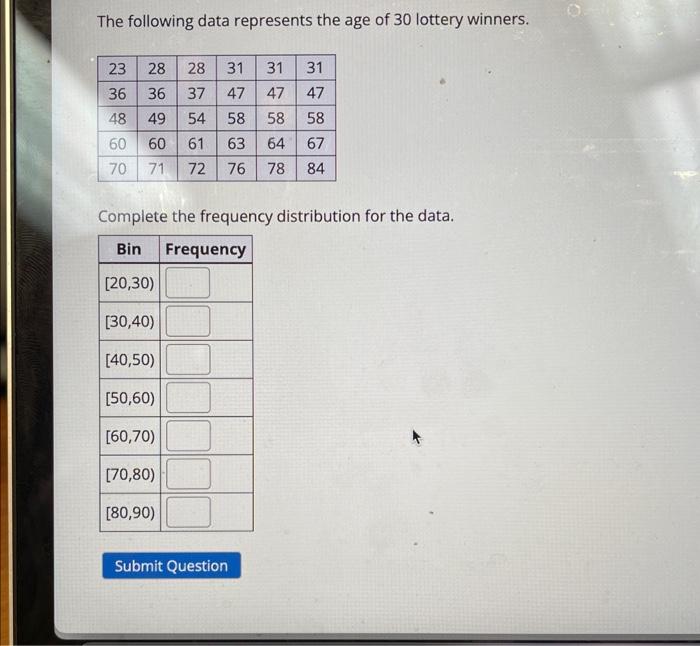 Solved The following data represents the age of 30 lottery | Chegg.com