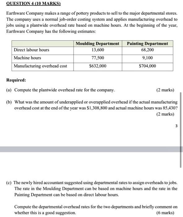 Solved OUESTION 4 (10 MARKS) Earthware Company makes a range | Chegg.com
