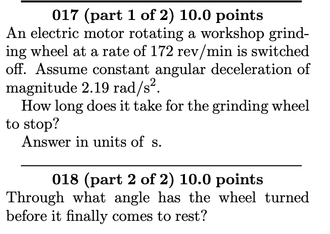 Solved 017 (part 1 ﻿of 2) 10.0 ﻿pointsAn electric motor | Chegg.com