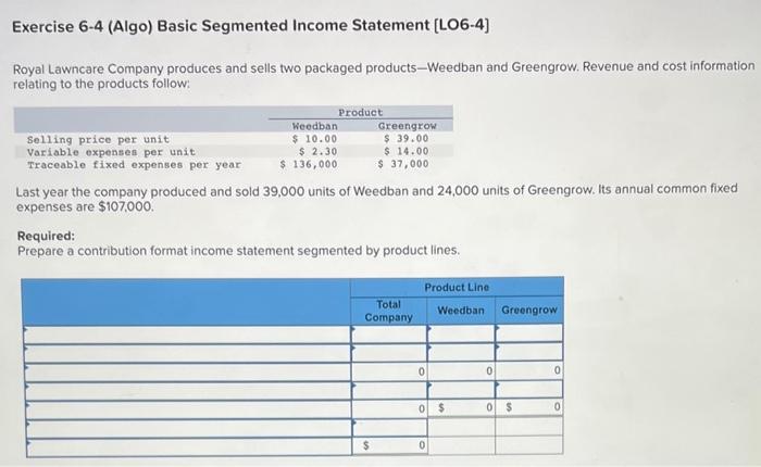 Solved Exercise 6-4 (Algo) Basic Segmented Income Statement | Chegg.com