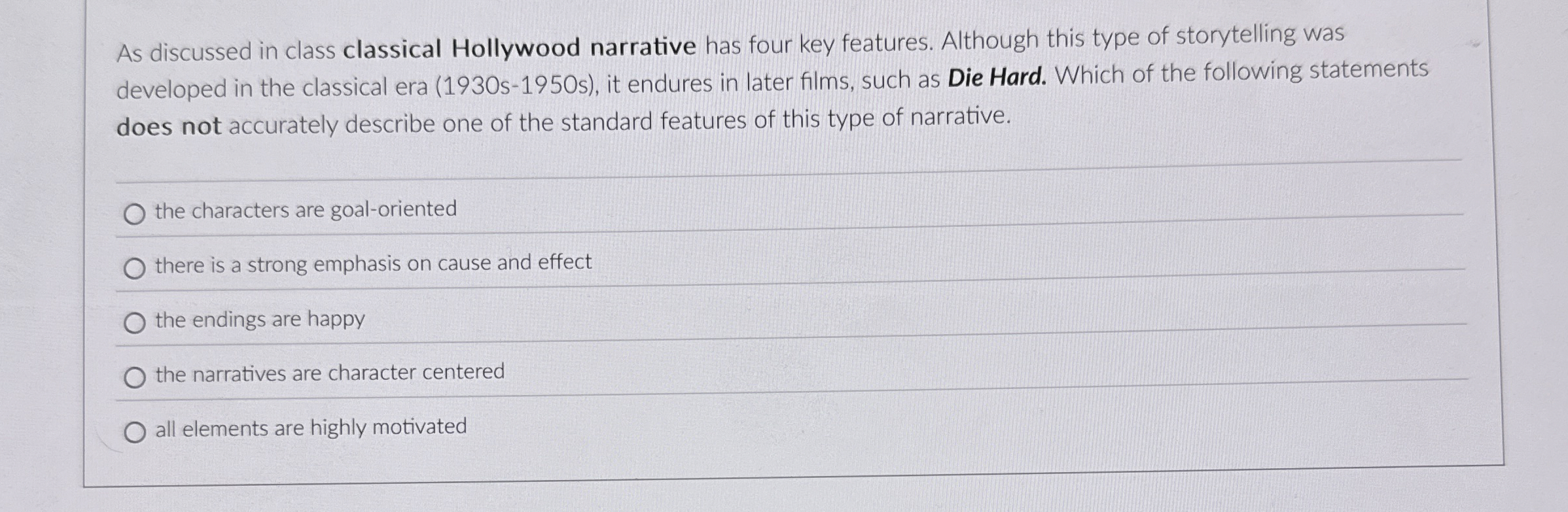 Solved As discussed in class classical Hollywood narrative | Chegg.com