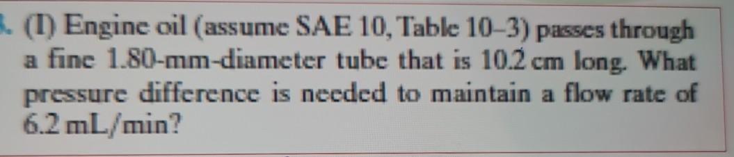 Solved (1) Engine oil (assume SAE 10, Table 10-3) passes | Chegg.com