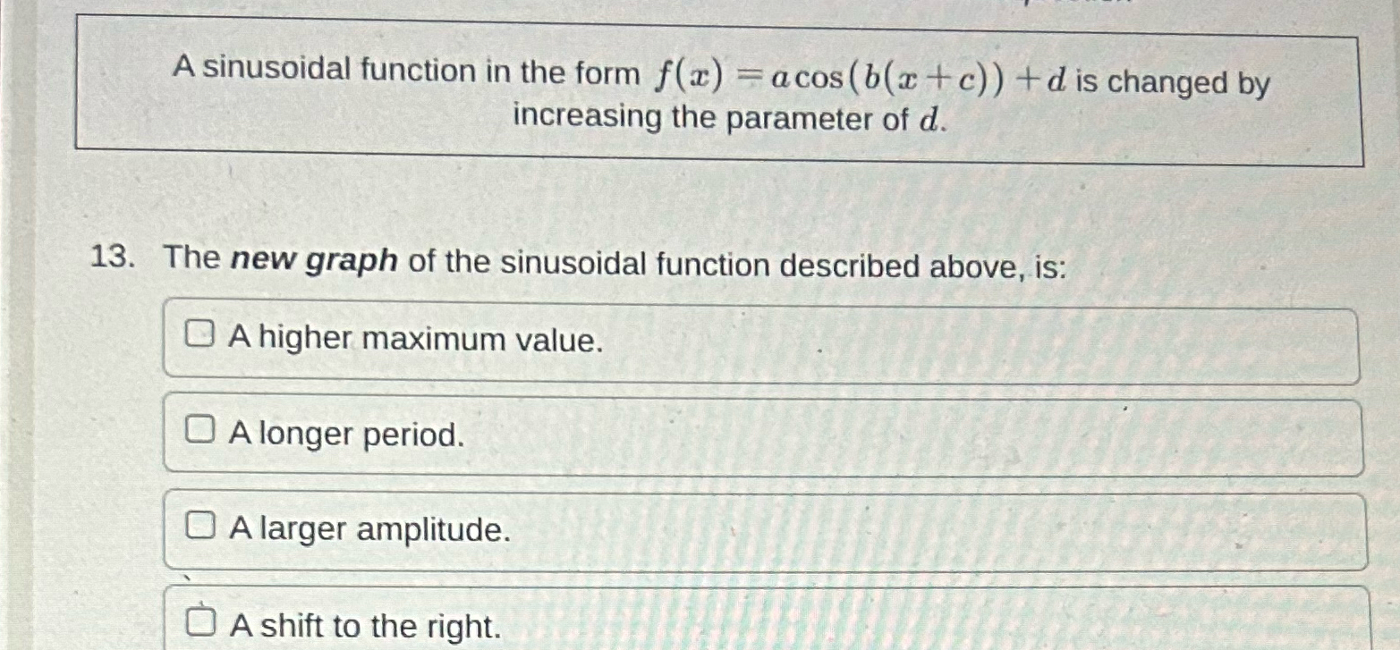 Solved A sinusoidal function in the form f(x)=acos(b(x+c))+d | Chegg.com
