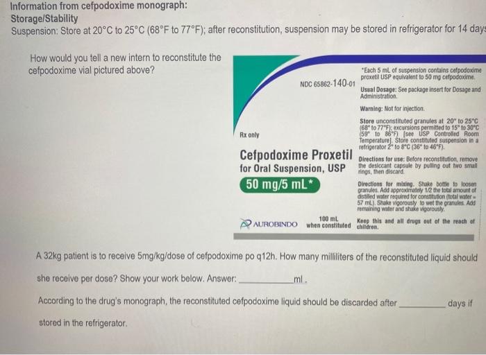 Solved Information from cefpodoxime monograph: | Chegg.com